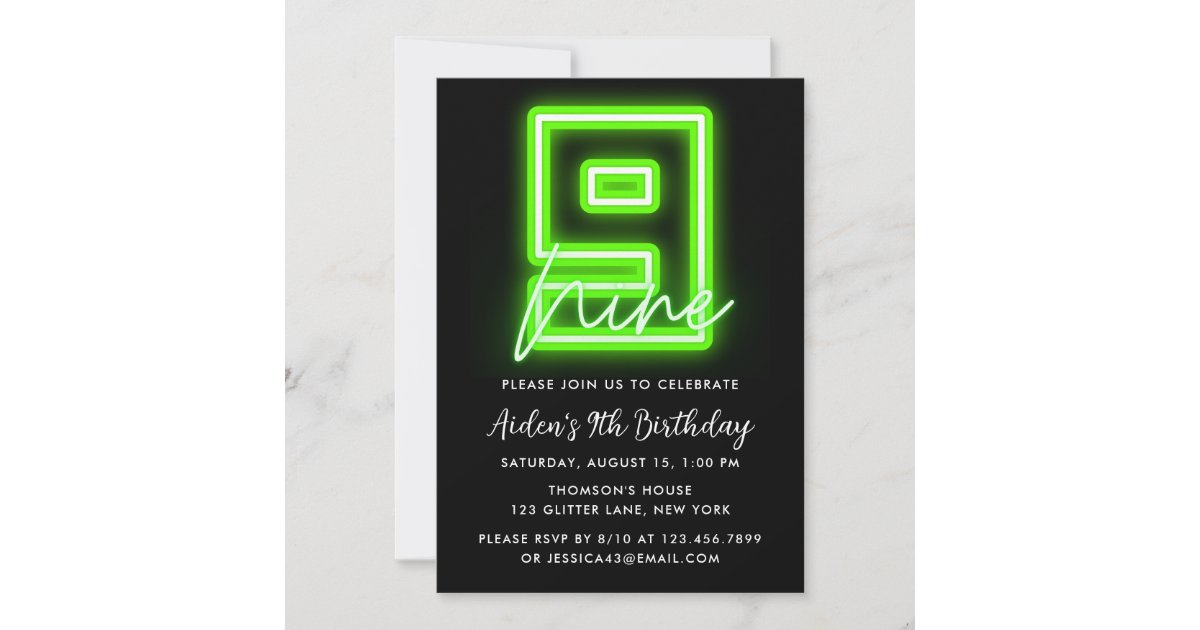 Neon Green 9th Birthday Invitation | Zazzle