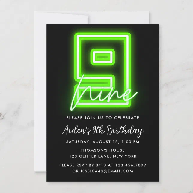Neon Green 9th Birthday Invitation | Zazzle
