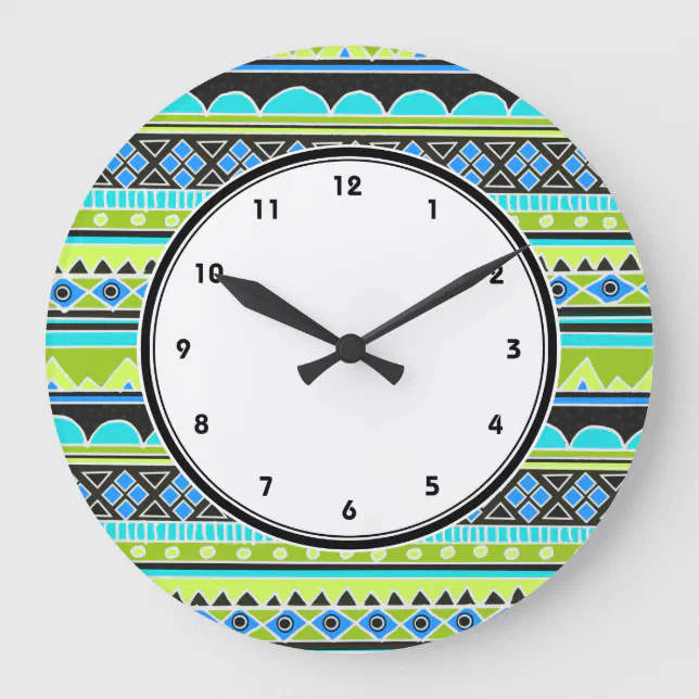 Neon Green and blue tribal pattern numbered clock | Zazzle