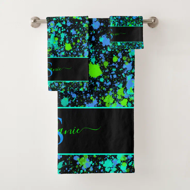 Neon Green Blue Paint Splatter Monogram Retro Bath Towel Set | Zazzle