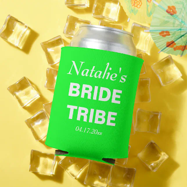 Neon Green Bride Tribe Wedding Bridesmaid Can Cooler | Zazzle