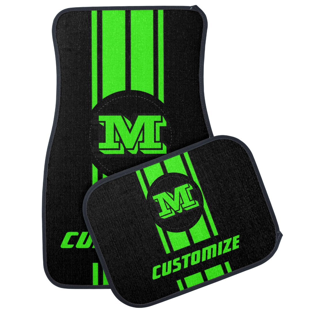 Neon Green Double Race Stripes - Monogram Car Floor Mat | Zazzle