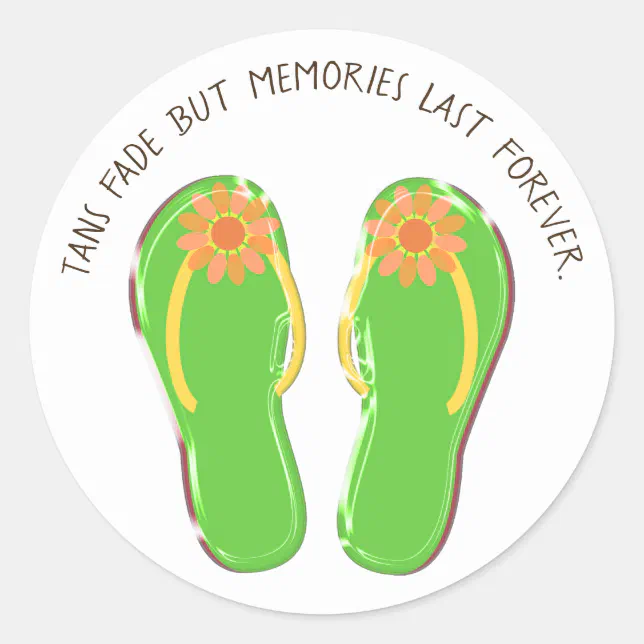 neon green flip-flops with flower and quote classic round sticker | Zazzle