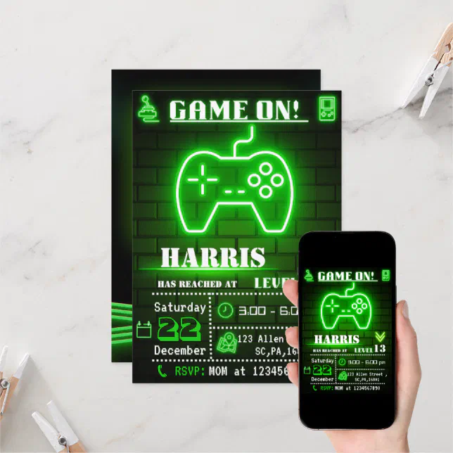 Neon Green Gamer Birthday Party Invitation | Zazzle