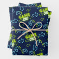 Neon Green Glow Dark Blue Game On Controller Gamer Wrapping Paper ...