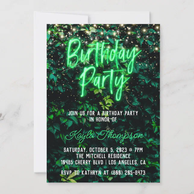 Neon Greenery Green Wall Birthday Party Invitation | Zazzle