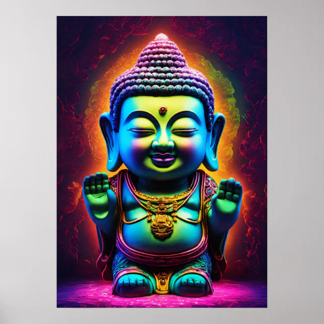 "Neon Harmony: Adorable 3D Buddha in Glass Poster | Zazzle