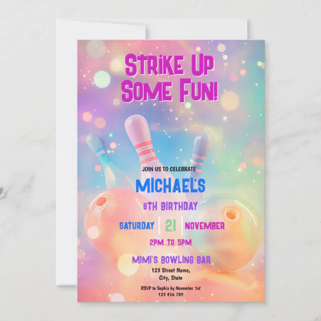 Neon Holographic Bowling Strike Up Some Fun Party Invitation | Zazzle