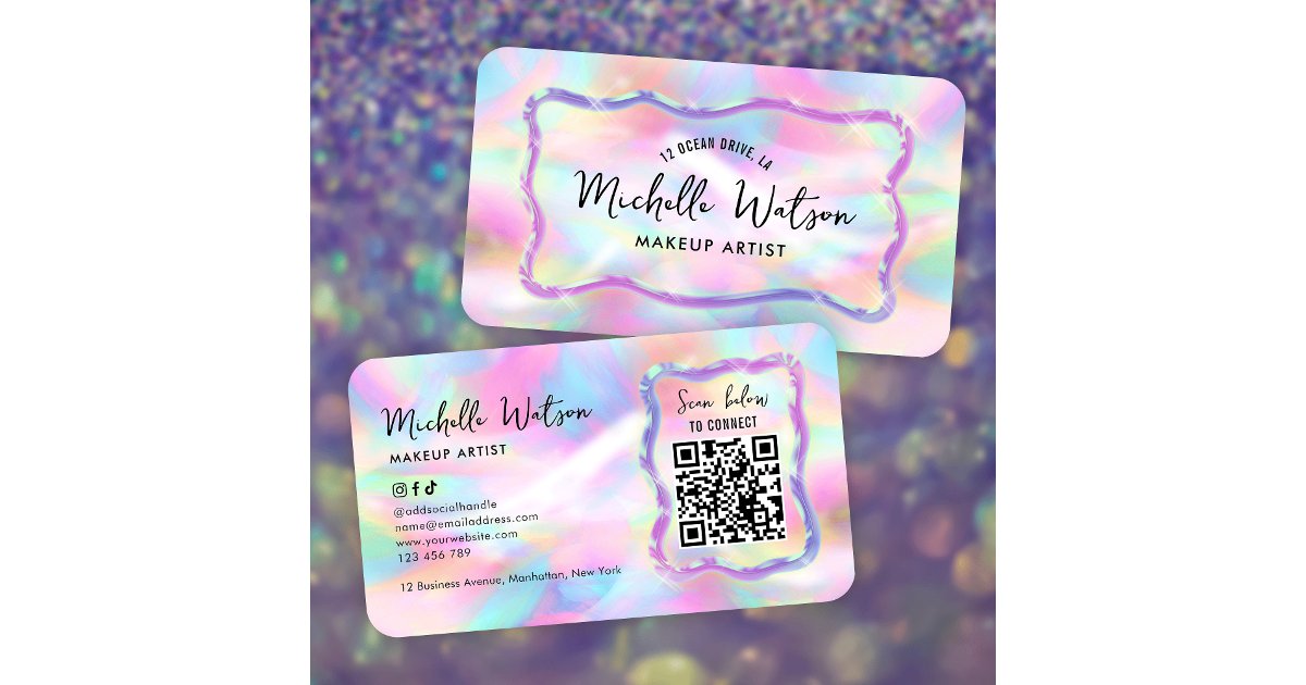 Neon Holographic Iridescent Beauty Salon QR Code Business Card | Zazzle