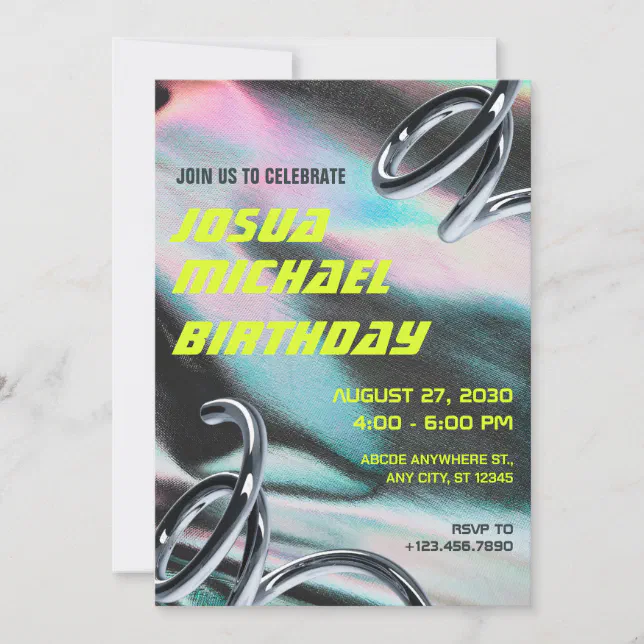 Neon Holographic Textured futuristic birthday Invitation | Zazzle