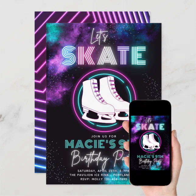 Neon Ice Skating Invitation | Ice Skating Birthday | Zazzle