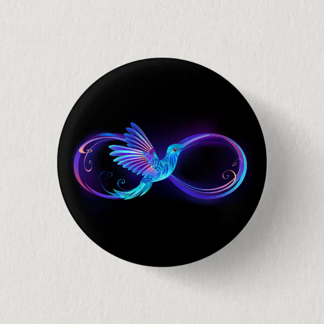 Neon Infinity Symbol with Glowing Hummingbird Button | Zazzle