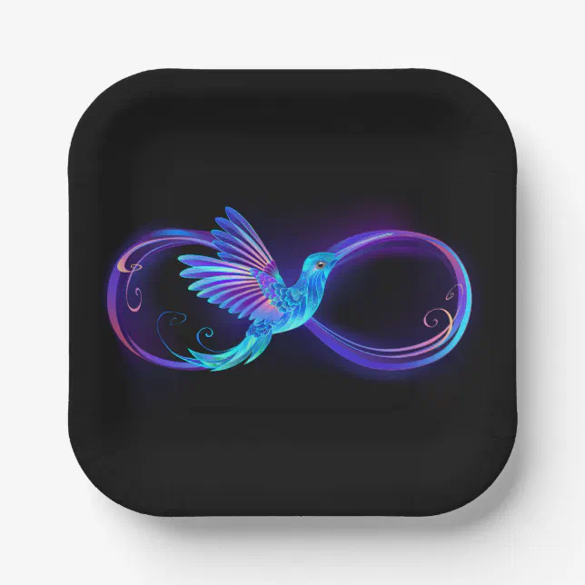 Neon Infinity Symbol with Glowing Hummingbird Paper Plates | Zazzle
