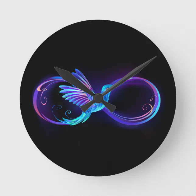 Neon Infinity Symbol with Glowing Hummingbird Round Clock | Zazzle