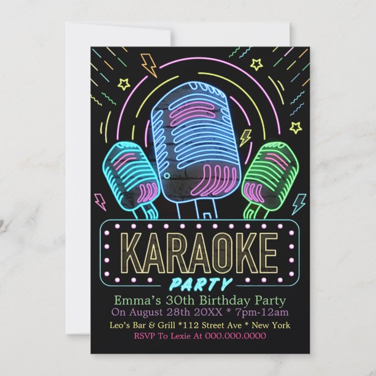 Neon Karaoke Birthday Party Invitation | Zazzle
