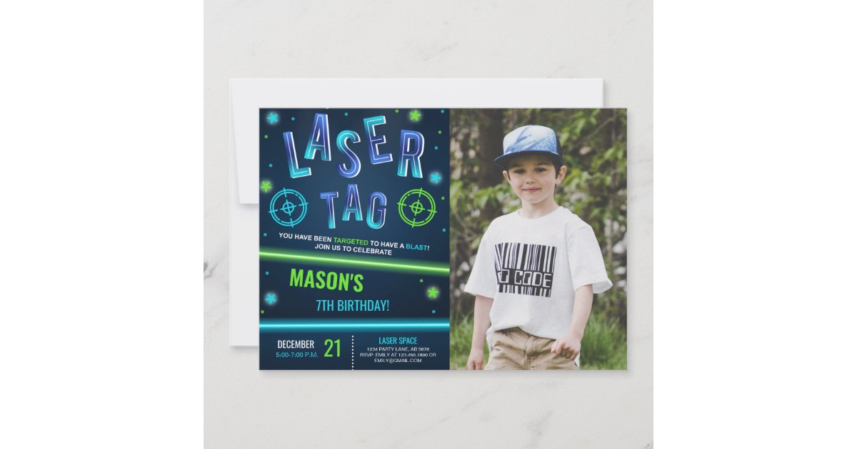 Neon Laser Tag Blue Photo Invitation | Zazzle