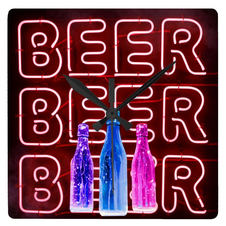 Neon LED Beer Sign Red Square Wall Clock | Zazzle