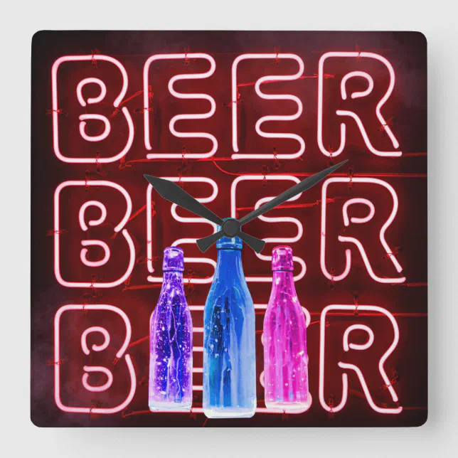 Neon LED Beer Sign Red Square Wall Clock | Zazzle