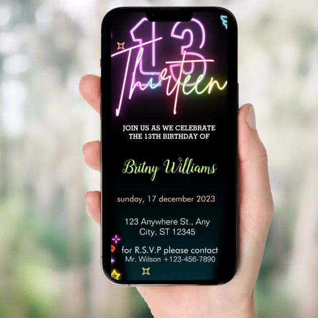 Neon Light 13th Phone Birthday Invitation | Zazzle