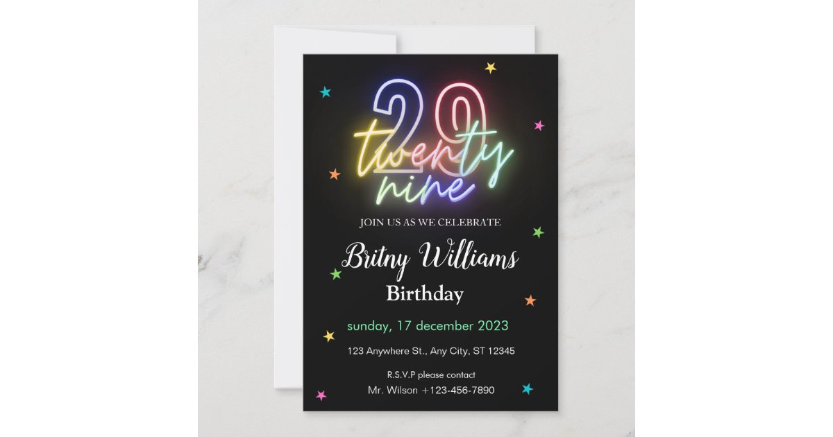 Neon Light 29th Birthday Invitation | Zazzle