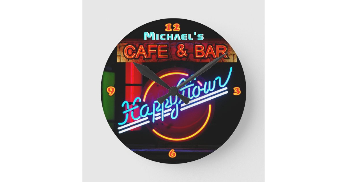 Neon Light BAR CAFE Custom SIGN Happy hour Round Clock | Zazzle