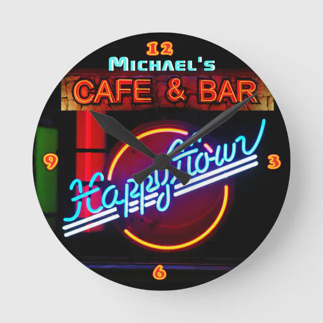 Neon Light BAR CAFE Custom SIGN Happy hour Round Clock | Zazzle
