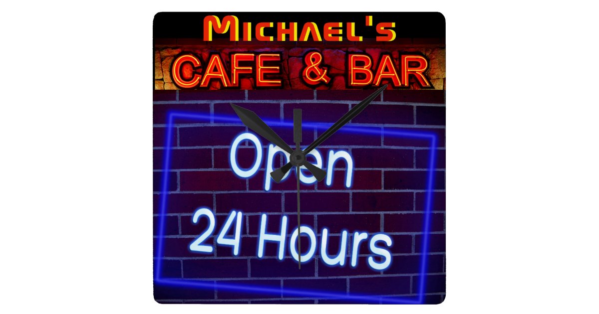 Neon Light BAR CAFE OPen ALL Hours Personalized 2 Square Wall Clock ...