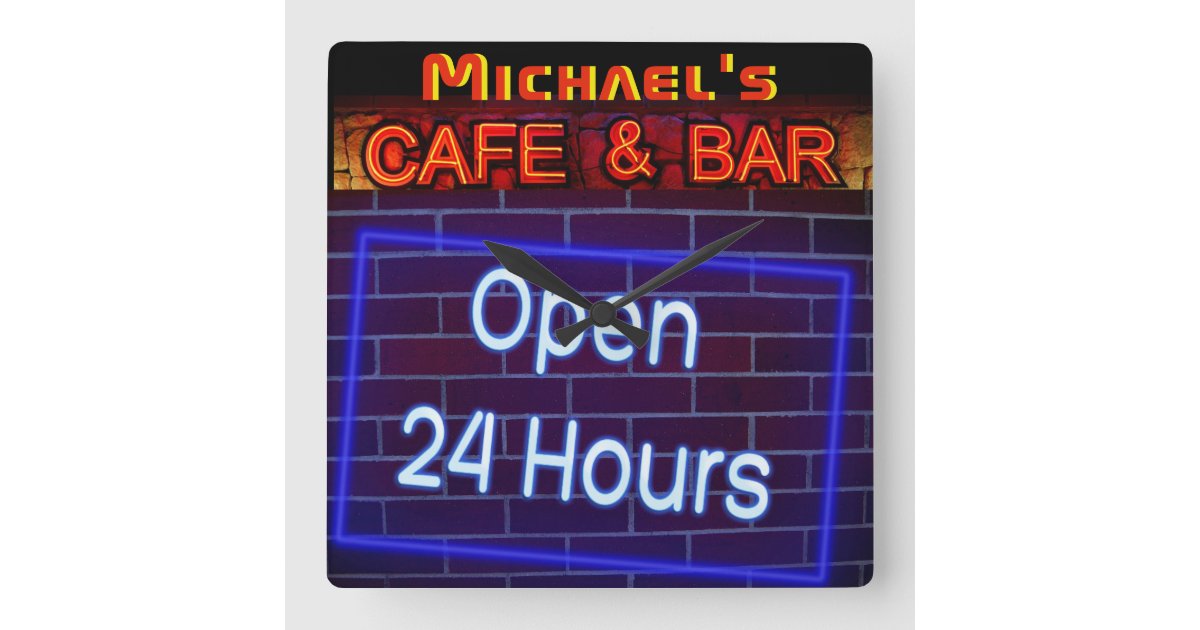 Neon Light BAR CAFE OPen ALL Hours Personalized 2 Square Wall Clock ...