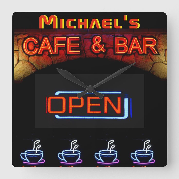Neon Light BAR CAFE OPen Coffee Cups Personalized Square Wall Clock ...