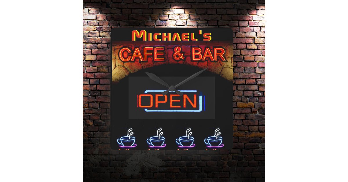 Neon Light BAR CAFE OPen Coffee Cups Personalized Square Wall Clock ...