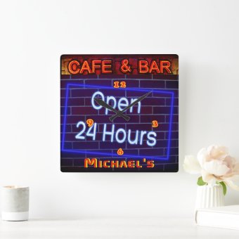 Neon Light BAR CAFE Pen ALL Hours Personalized Square Wall Clock | Zazzle