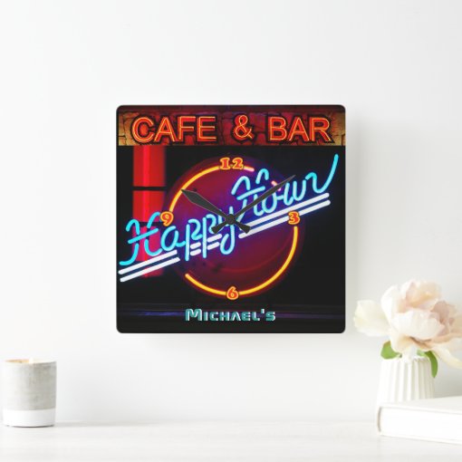Neon Light BAR CAFE Personalized SIGN ManCave Square Wall Clock | Zazzle