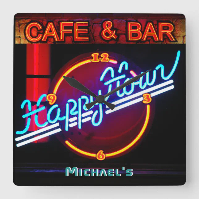 Neon Light BAR CAFE Personalized SIGN ManCave Square Wall Clock | Zazzle