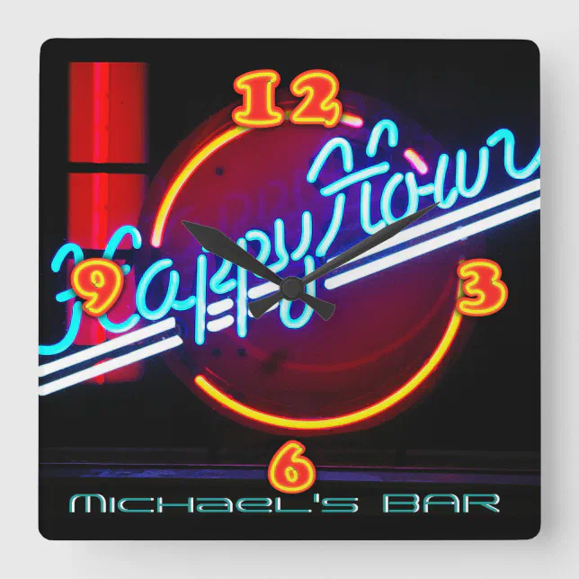 Neon Light BAR CLOCK Personalized Happy Hour | Zazzle