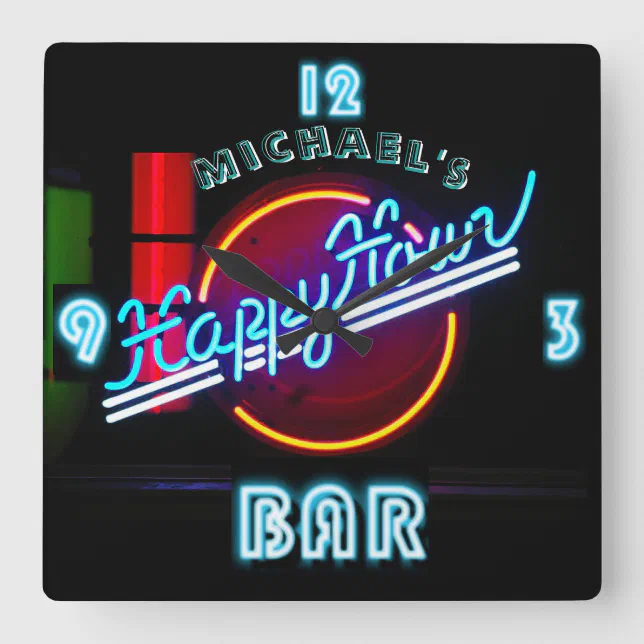 Neon Light BAR CLOCK Personalized Happy Hour 2 | Zazzle