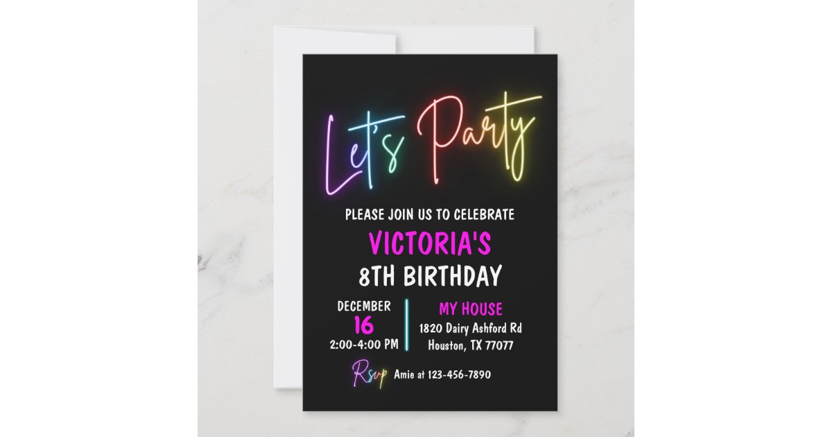 Neon Light Birthday Invitation, Rainbow Party Invitation | Zazzle