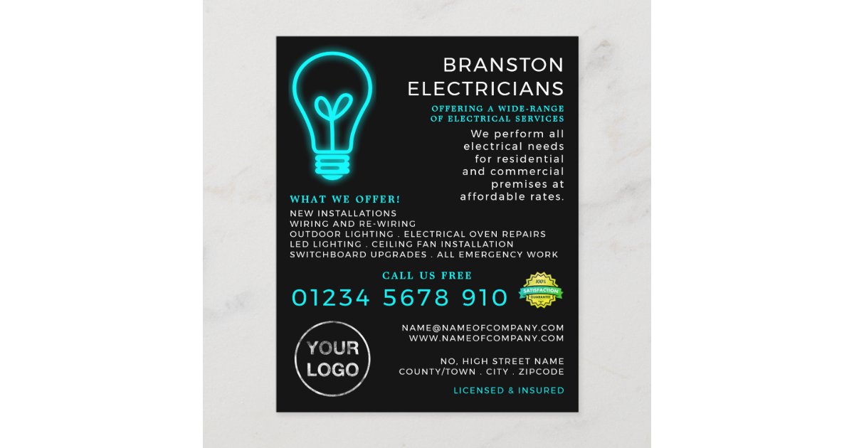 Neon Lightbulb, Electrician Advertising Flyer | Zazzle