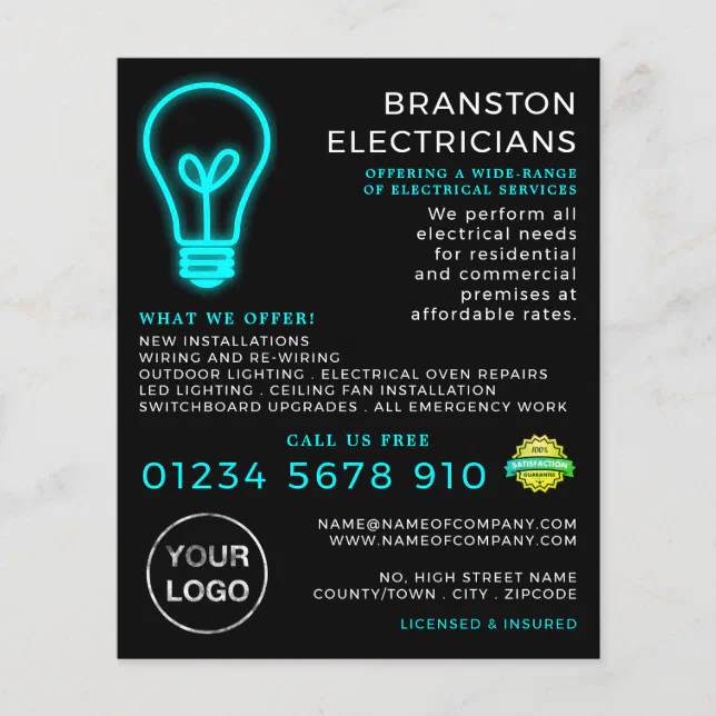 Neon Lightbulb, Electrician Advertising Flyer | Zazzle