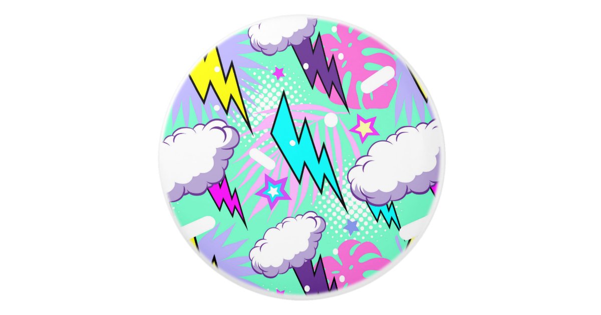Neon Lightning Bolts & Stars Pattern Ceramic Knob | Zazzle