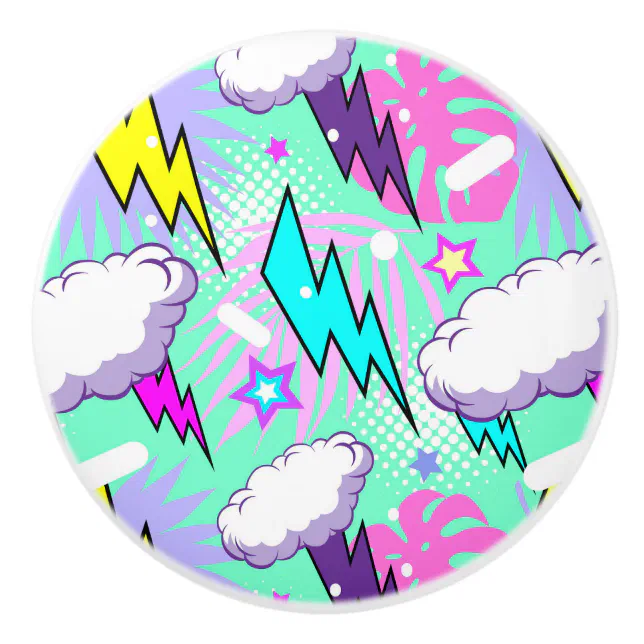 Neon Lightning Bolts & Stars Pattern Ceramic Knob | Zazzle