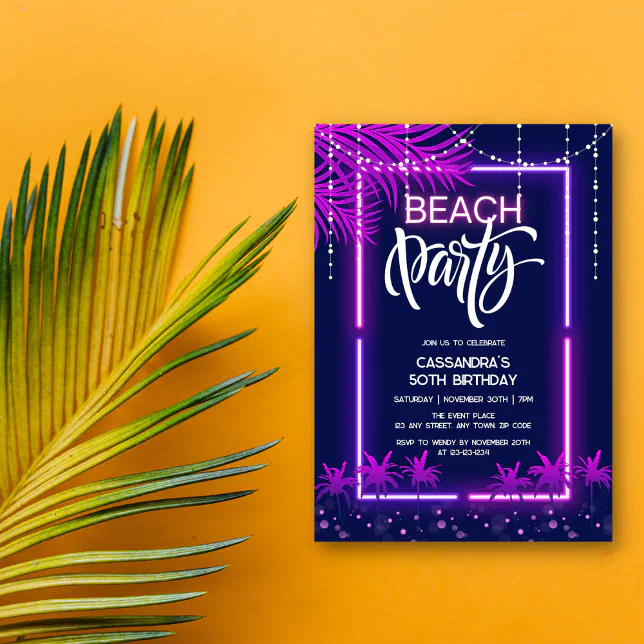 Neon Lights Palm Beach Night Party Birthday Invitation | Zazzle