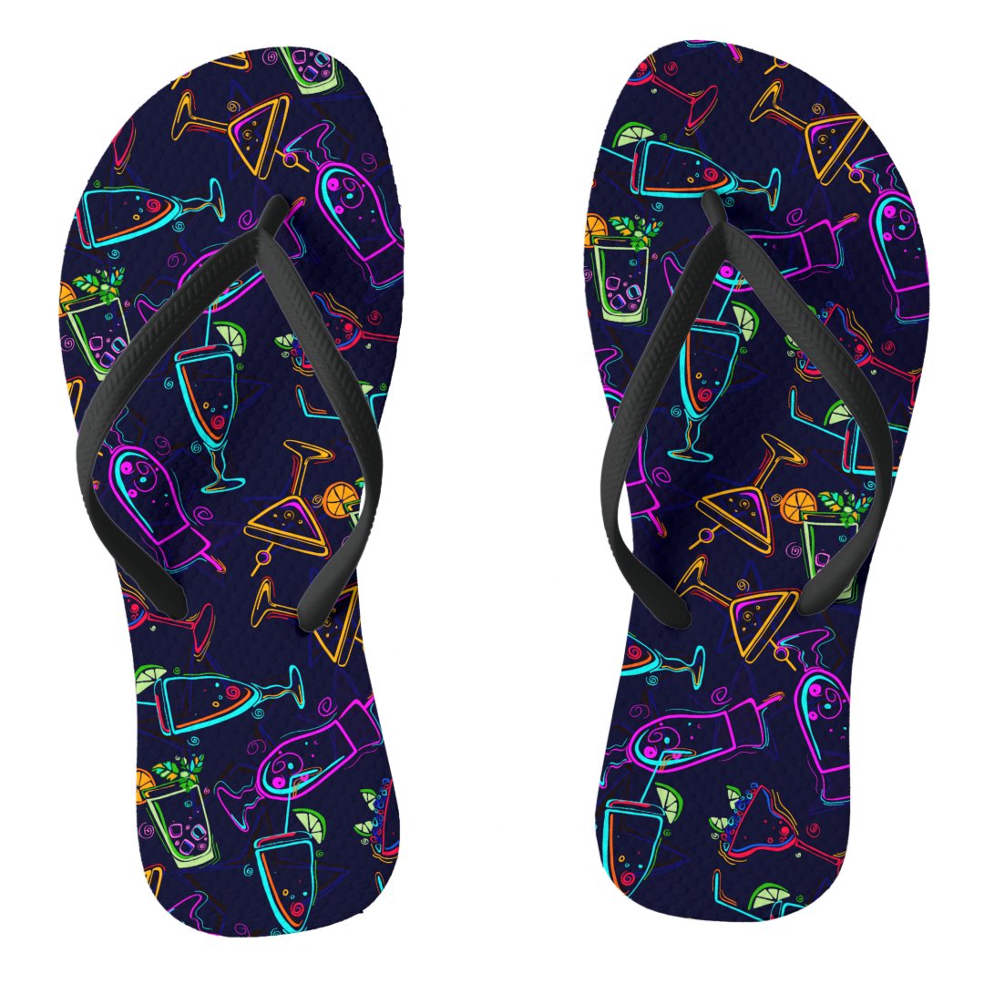 Neon Mixed Drinks Cocktails on Black Flip Flops | Zazzle