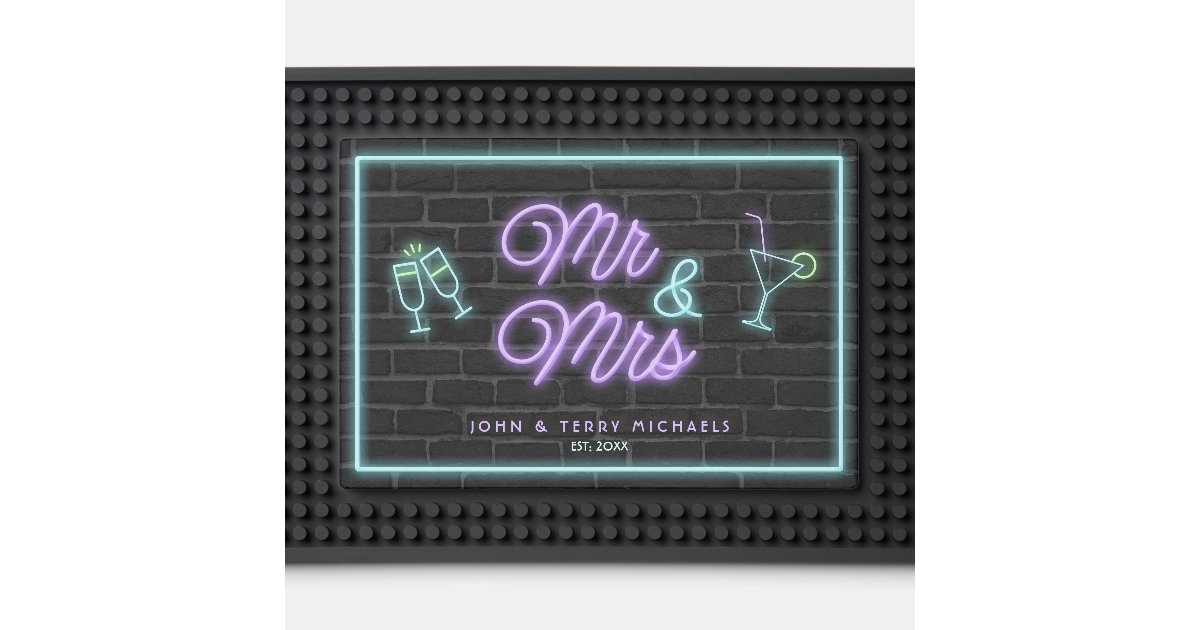 Neon Mr & Mrs Cocktails Teal/Lilac ID972 Bar Mat | Zazzle