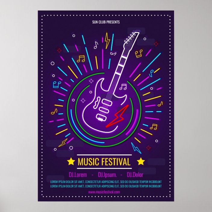 Neon music background with electric guitar Poster | Zazzle.com