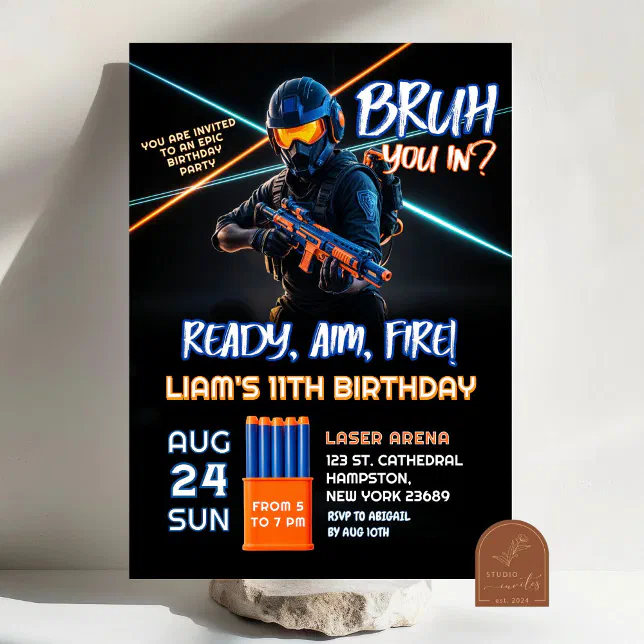 Neon Nerf Battle Dart Gun Game Birthday Boy Invitation | Zazzle