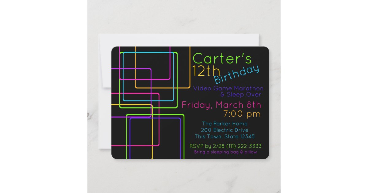Neon Night Glow Techno Video Sleep Over Birthday Invitation | Zazzle