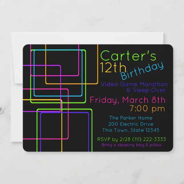 Neon Night Glow Techno Video Sleep Over Birthday Invitation | Zazzle