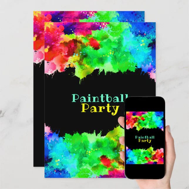 Neon Paint Splatter, Paintball Party Invitation | Zazzle