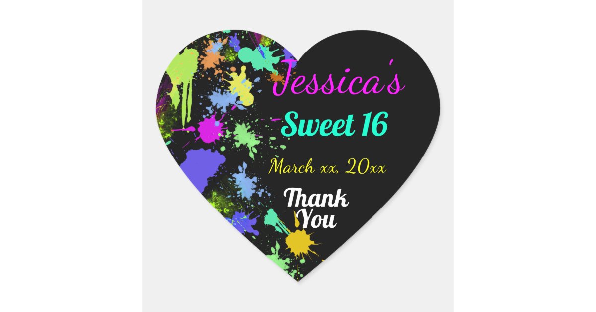 Neon, Paint Splatter, Sweet Sixteen, Thank You Heart Sticker | Zazzle