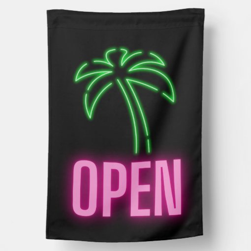 Neon Palm Tree Green & Pink Open Sign Outdoor Flag | Zazzle